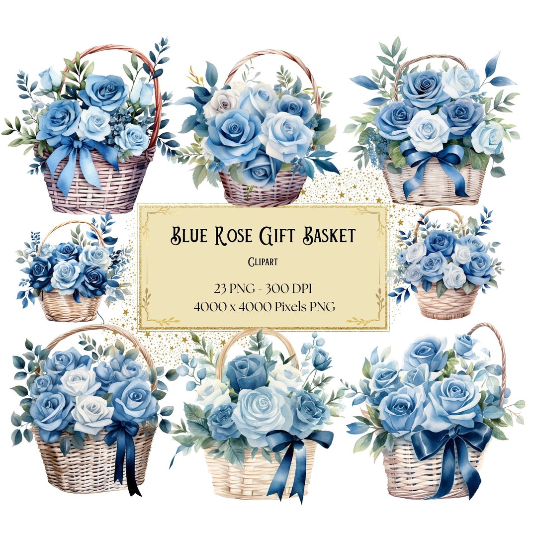 Blue Rose Gift Basket Clipart, Blue Rose Bouquet Basket Flowers Clipart ...