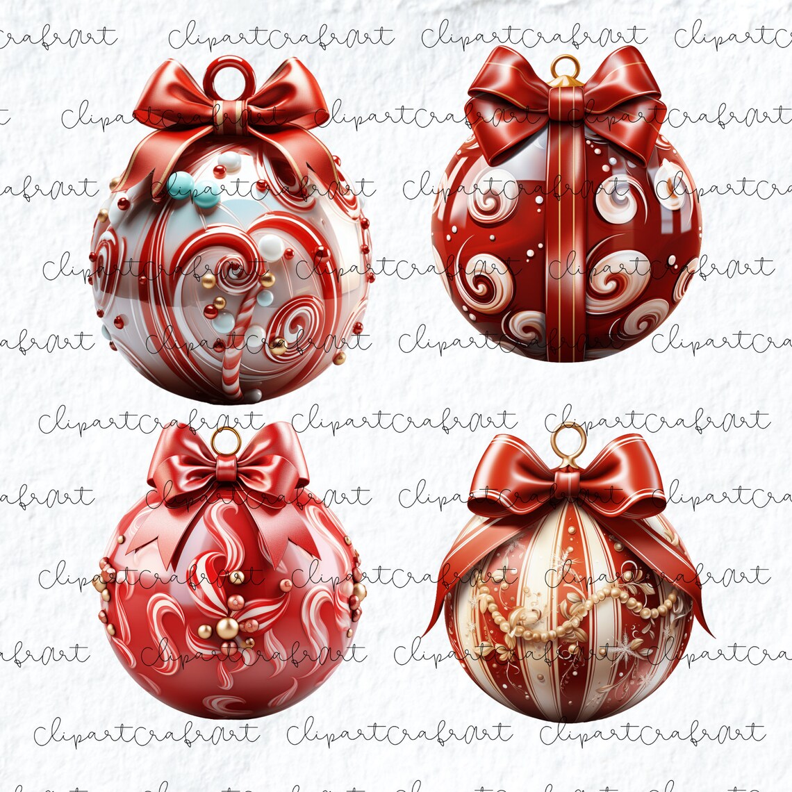 Christmas Bauble Clipart, Candy Ribbon Ornaments, Xmas PNG (digital ...