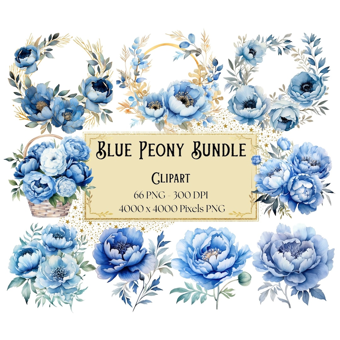 Blue Peony Flower Clipart, Blue Peony Floral Bundle Png, Spring Blue ...