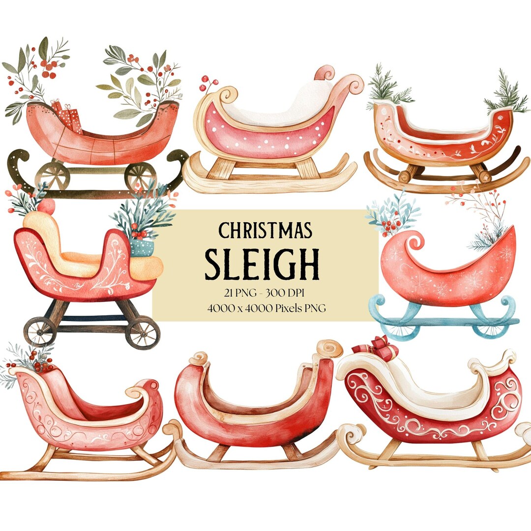 Christmas Sleigh Clipart, Red Sleigh Png, Minimalist Holiday Clipart ...