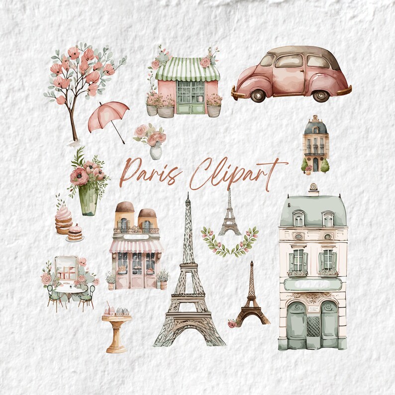 Paris Watercolor Clipart Eiffel Tower Clipart Romantic Caffe - Etsy