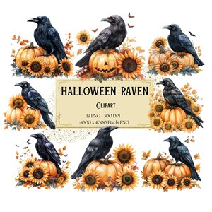 Raven Pumpkin Sunflower Halloween Clipart, Raven Whimsical Halloween ...