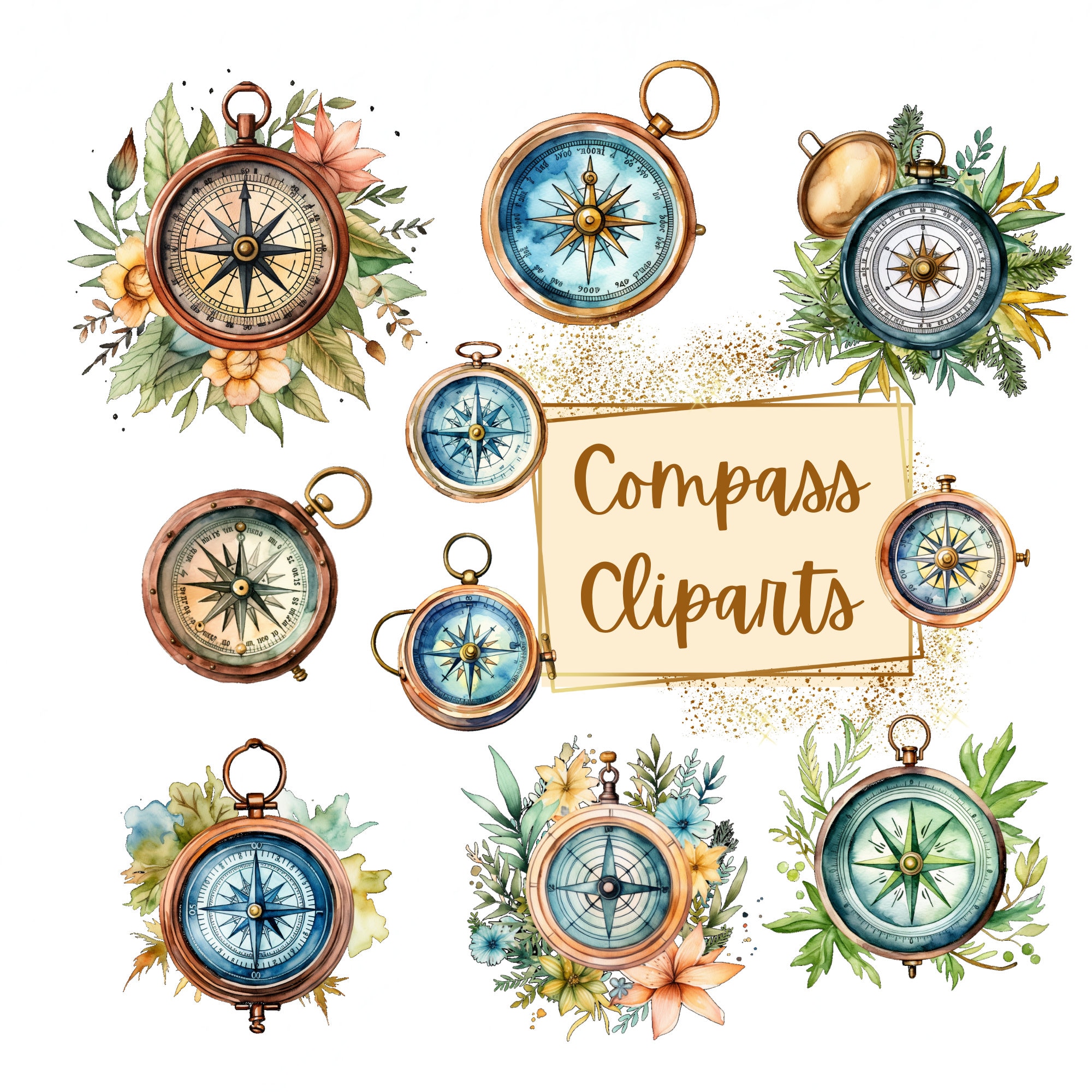 Compass Clipart, Floral Compass Watercolor Clipart, Nautical Sea Life ...