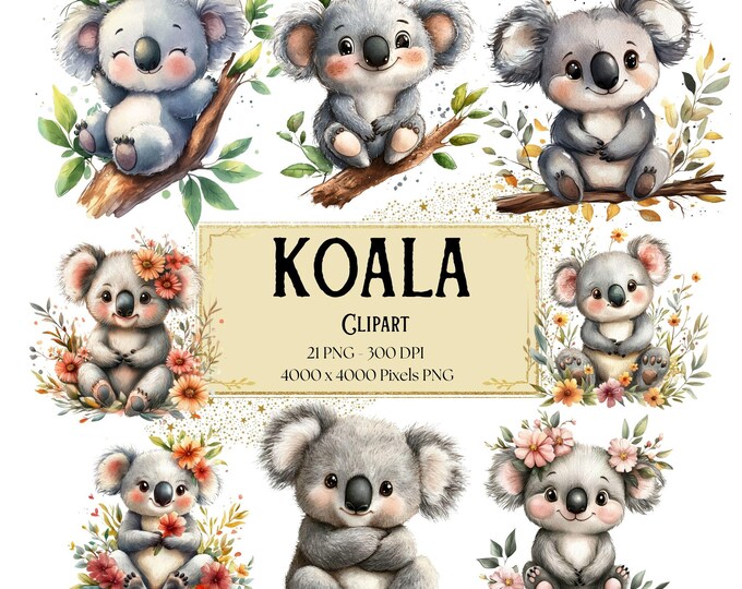 Koala Clipart, Floral Koala Clipart, Koala Bear Wild One Animal Clipart ...