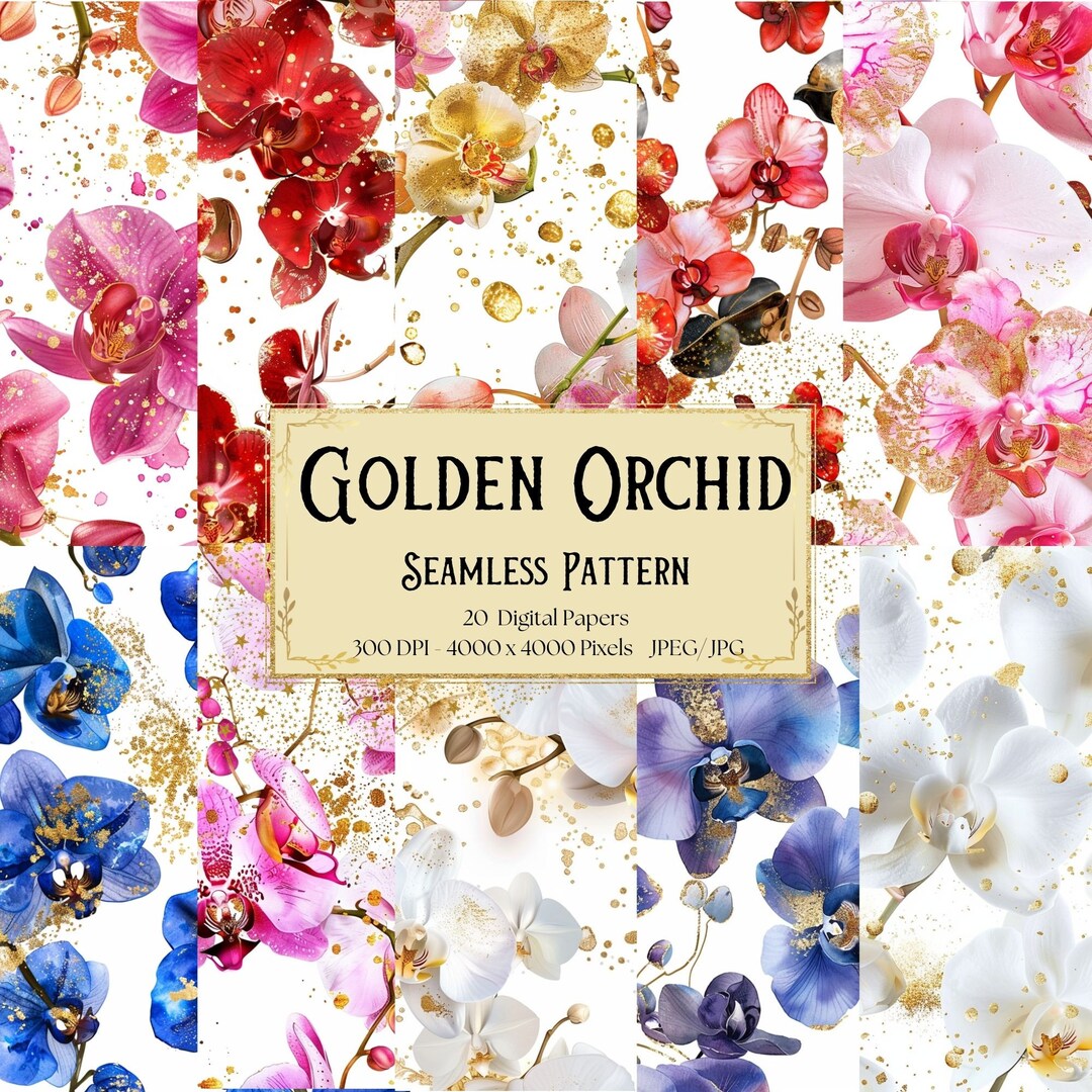Golden Orchid Flower Digital Paper, Orchid Floral Seamless Textures ...