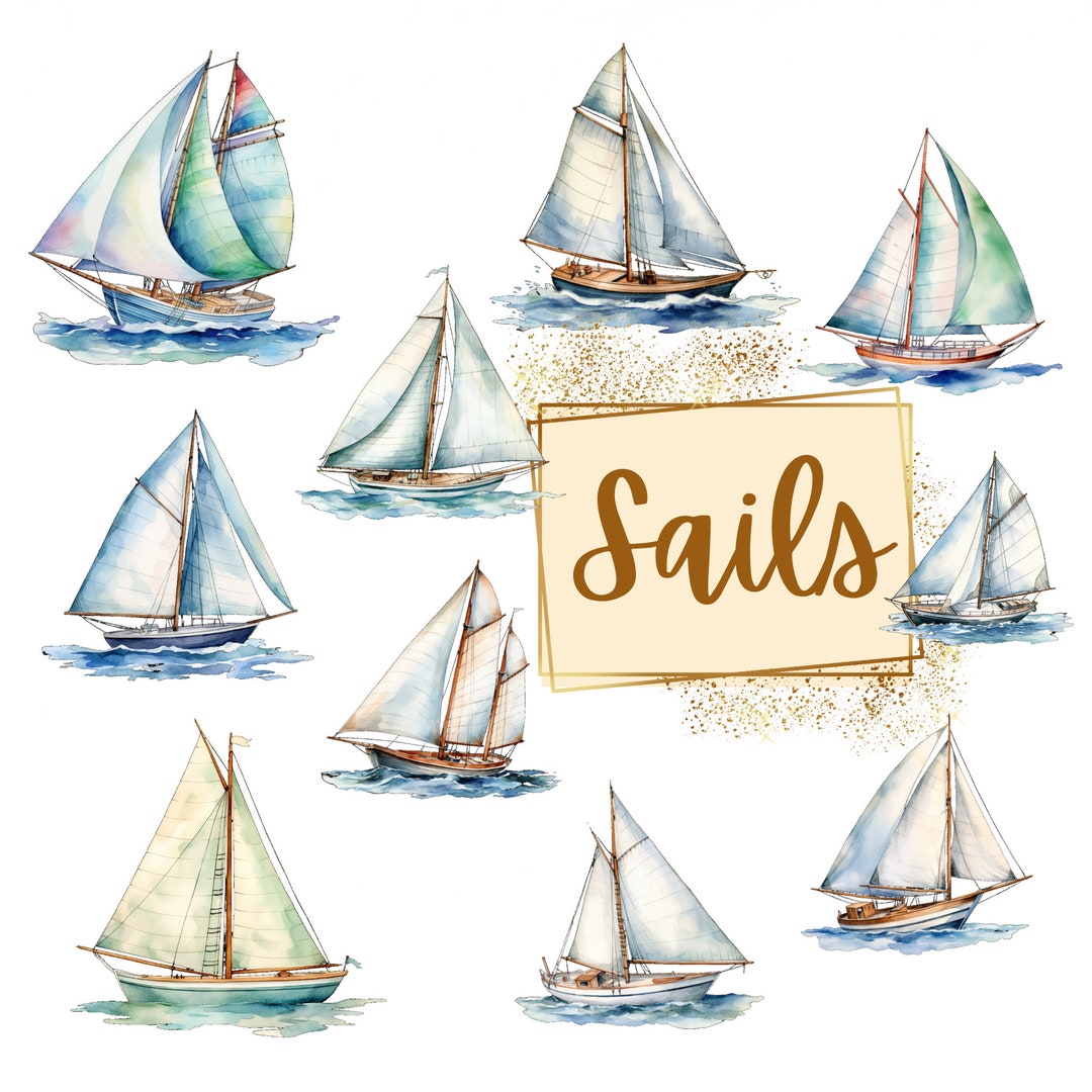 Sail Clipart, Cute Sail Boat Watercolor Clipart, Nautical Sea Life ...