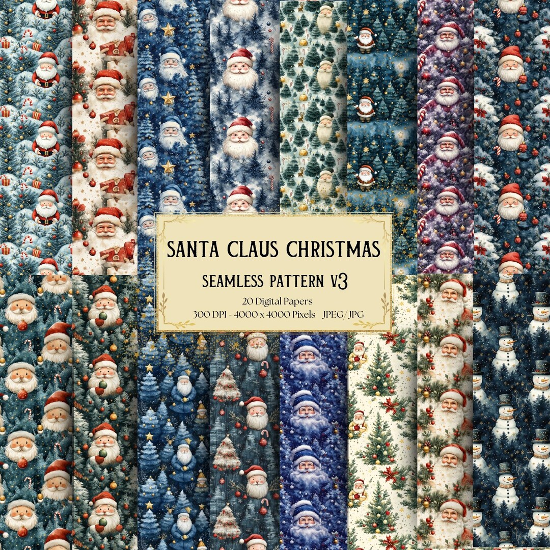 Santa Claus Christmas Seamless Pattern, Vintage Holiday Christmas Tree ...