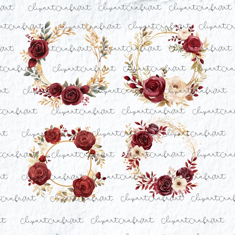 Burgundy Rose Golden Wreath Clipart, Watercolor Floral PNG (digital ...