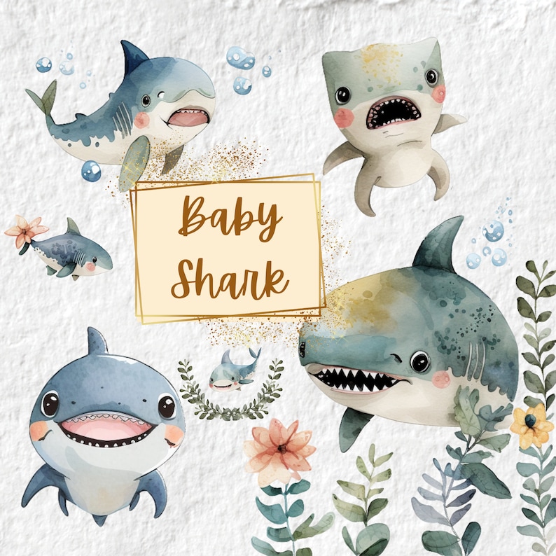 Baby Shark Clipart, Cute Baby Shark Watercolor Clipart ,ocean ...