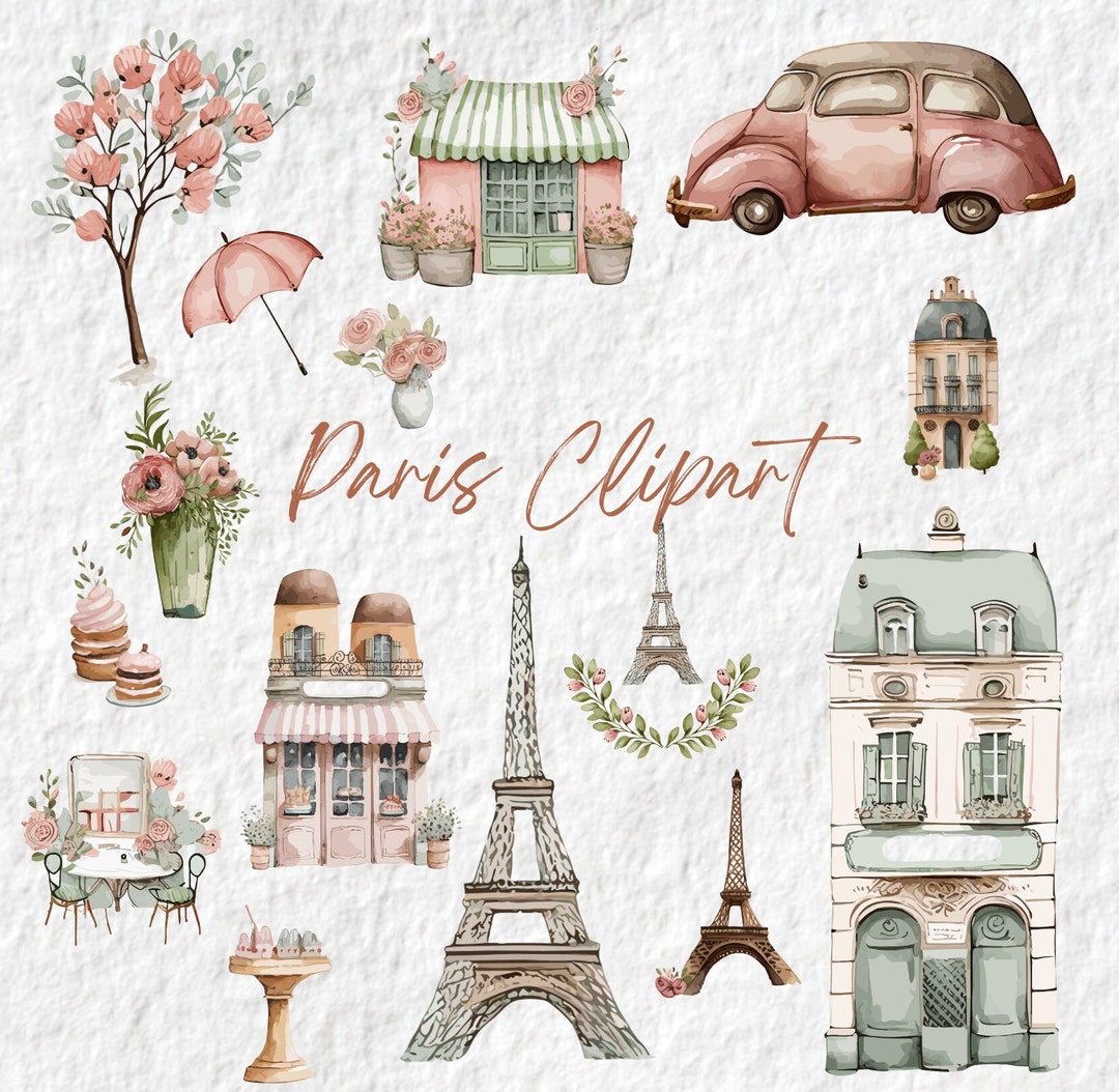 Paris Watercolor Clipart, Eiffel Tower Clipart, Romantic Caffe Pink ...