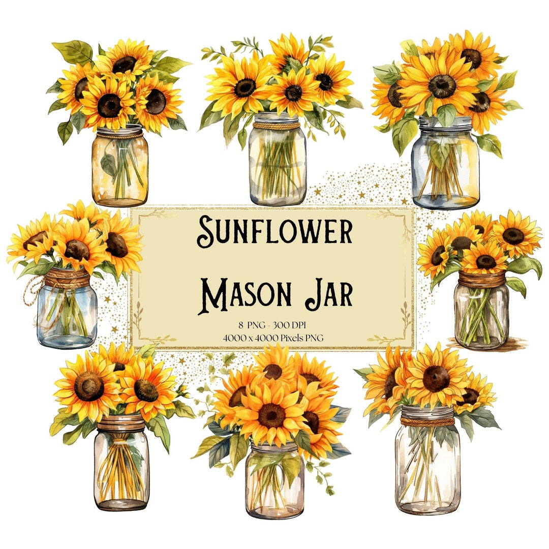 Sunflower Mason Jar Clipart, Sunflower Floral Jar Clipart, Sunflower ...