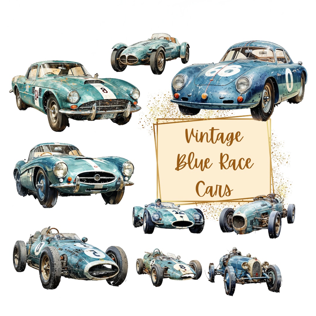 Vintage Blue Race Car Clipart, Classic Vintage Race Clipart, Racing ...