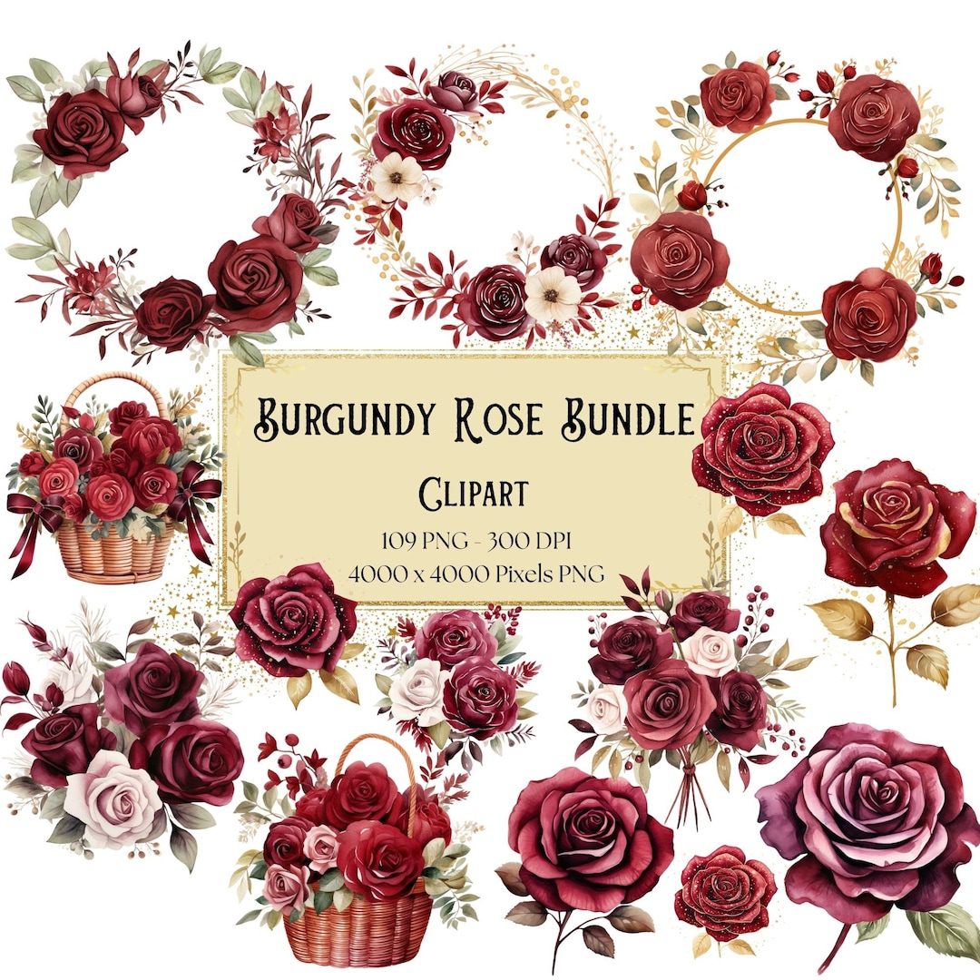 Burgundy Rose Clipart, Burgundy Rose Bundle Flowers Clipart, Burgundy ...