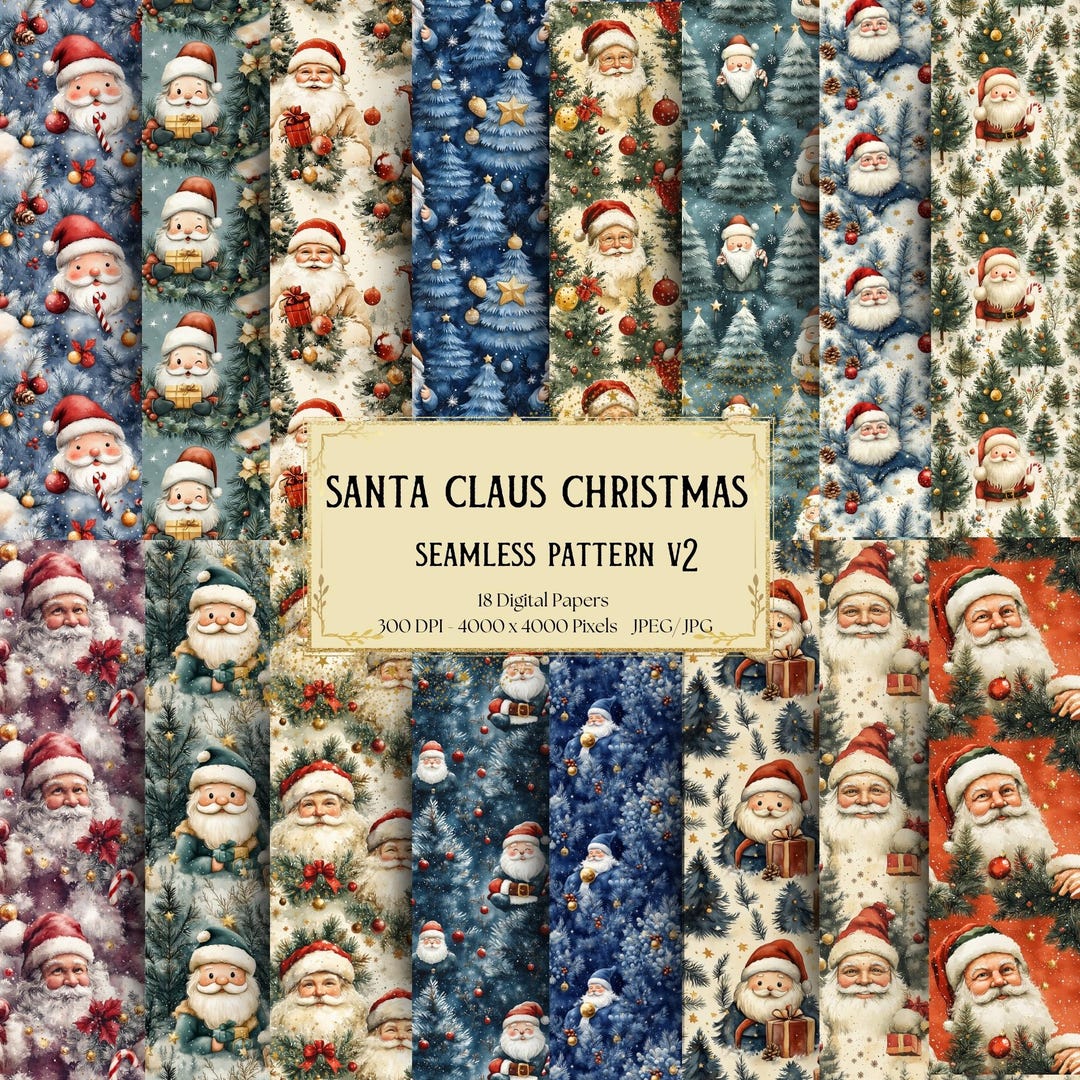 Santa Claus Christmas Seamless Pattern Digital Papers, Vintage Holiday ...