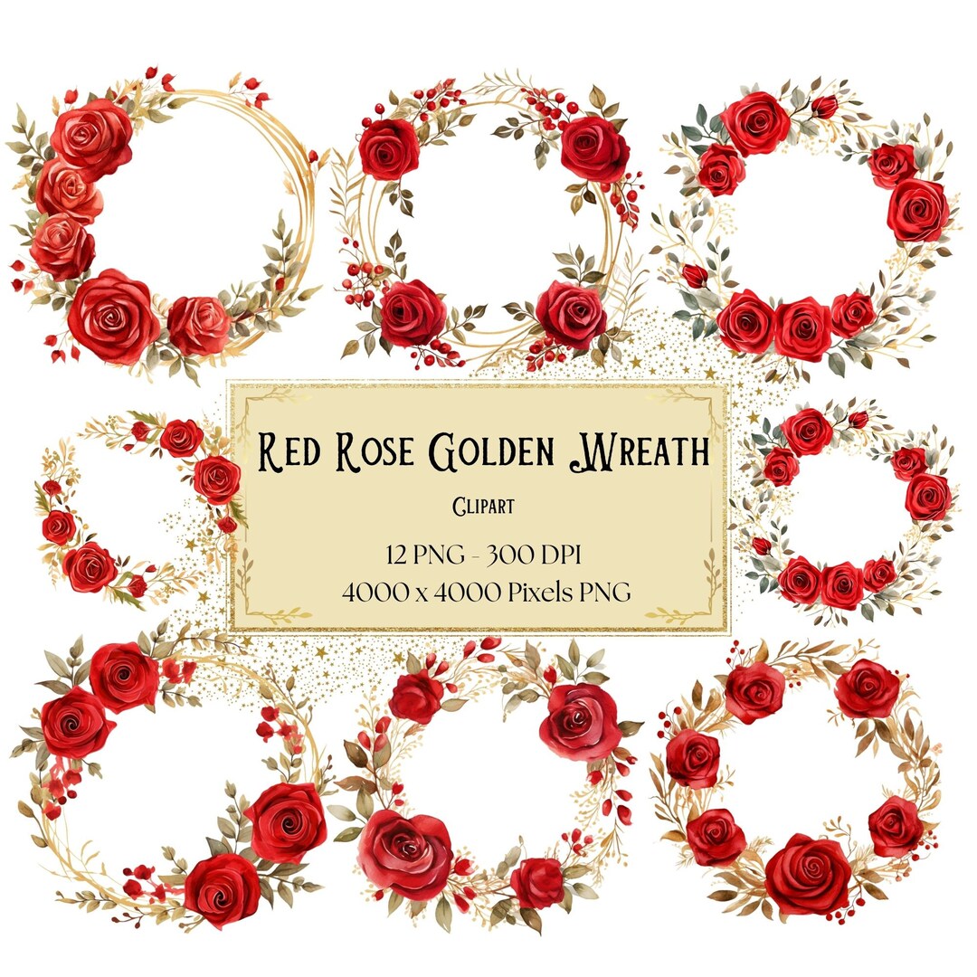 Red Rose Golden Wreath Clipart, Red Rose Golden Flowers Clipart, Red ...