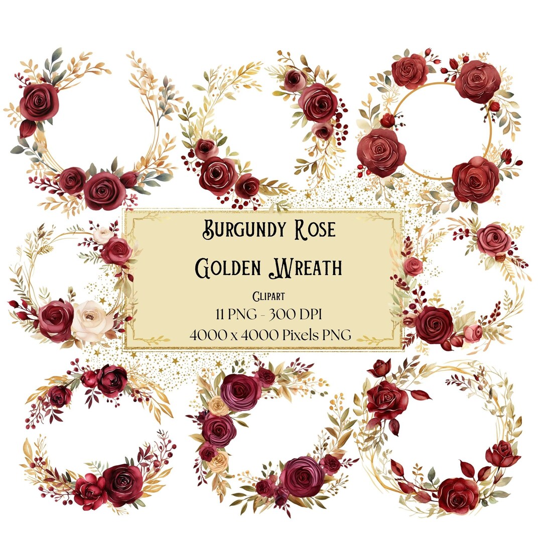 Burgundy Rose Golden Wreath Clipart, Burgundy Rose Golden Clipart ...