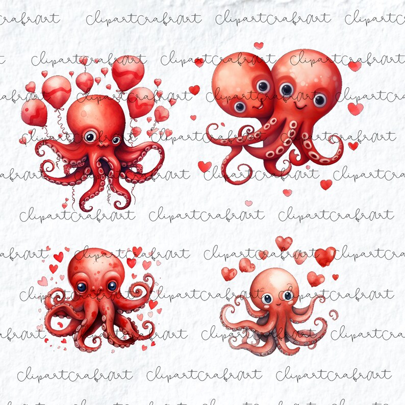 Watercolor Octopus Valentines Clipart, Sea Life PNG (digital Download ...