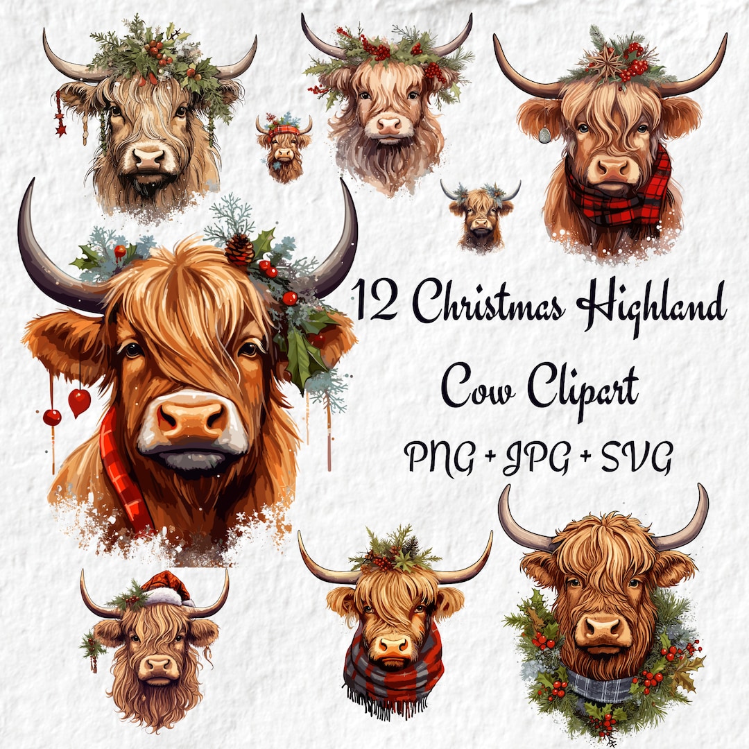 Christmas Highland Cow Clipart, Cute Highland Cow Clipart, Highland Cow ...