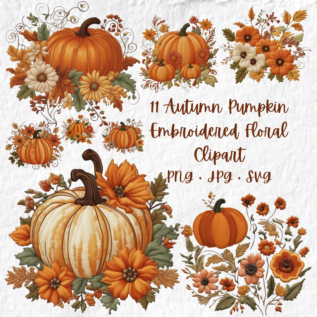 Autumn Embroidered Pumpkin Floral Clipart, Autumn Fall Floral Pumpkin ...