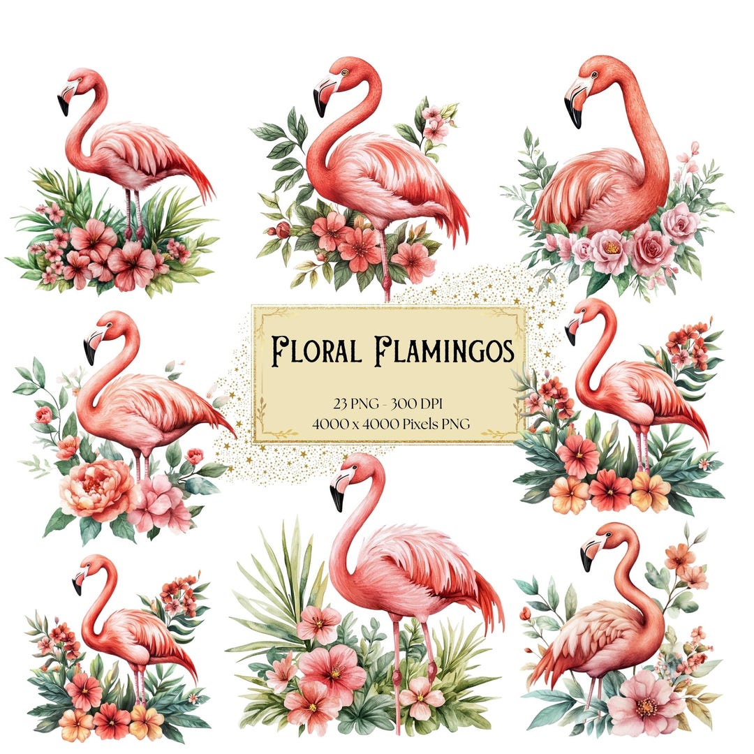 Floral Flamingo Clipart, Pink Flamingo Clipart, Tropical Flamingo ...