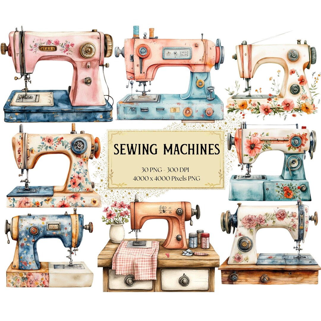 Vintage Sewing Machine Clipart, Antique Floral Boho Shabby Sewing ...