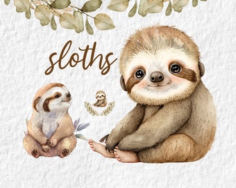 Sloth Watercolor Clipart, Cute Sloth Animal Baby Shower Graphics ...
