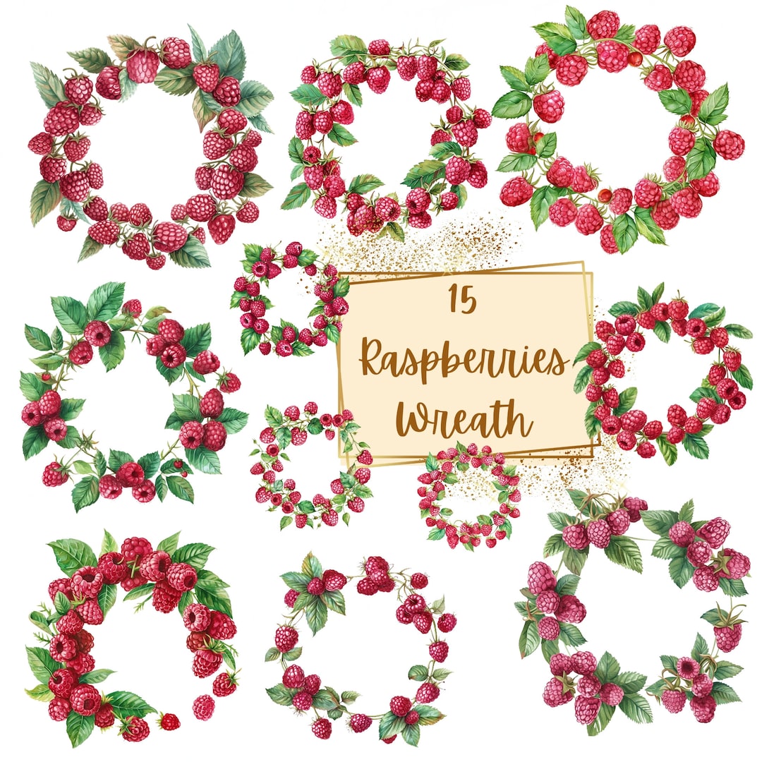Raspberries Wreath Clipart, Raspberry Floral Fruit Wreath Clipart, Cute ...