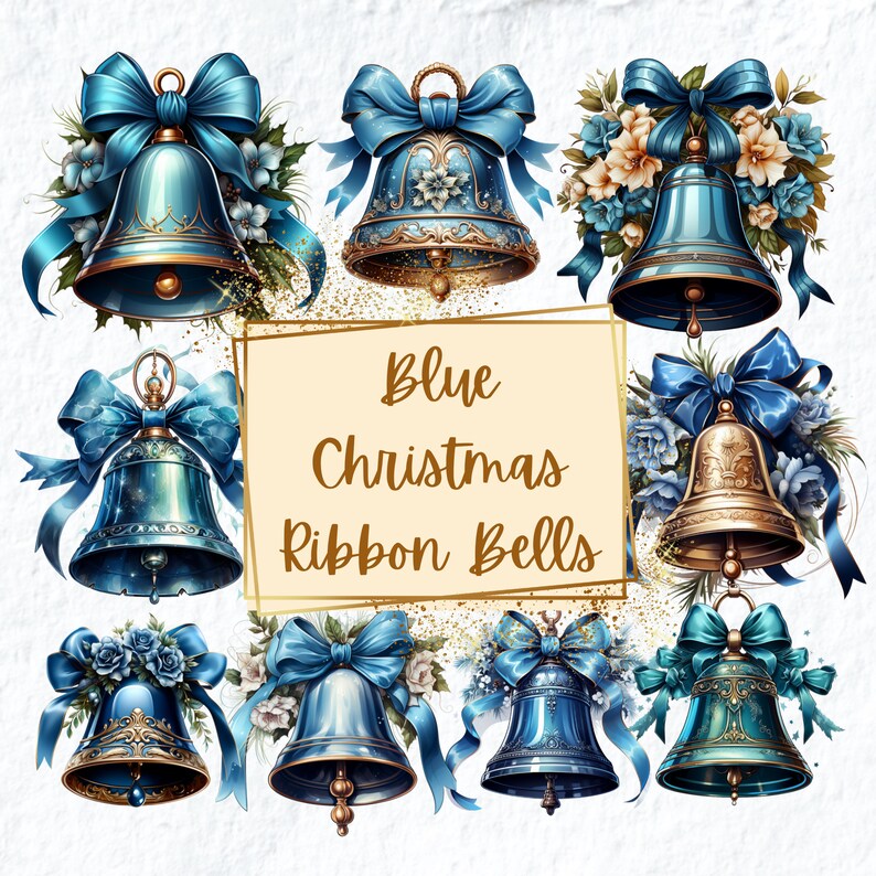Watercolor Christmas Bell Clipart, Blue Ribbon Ornaments (digital ...