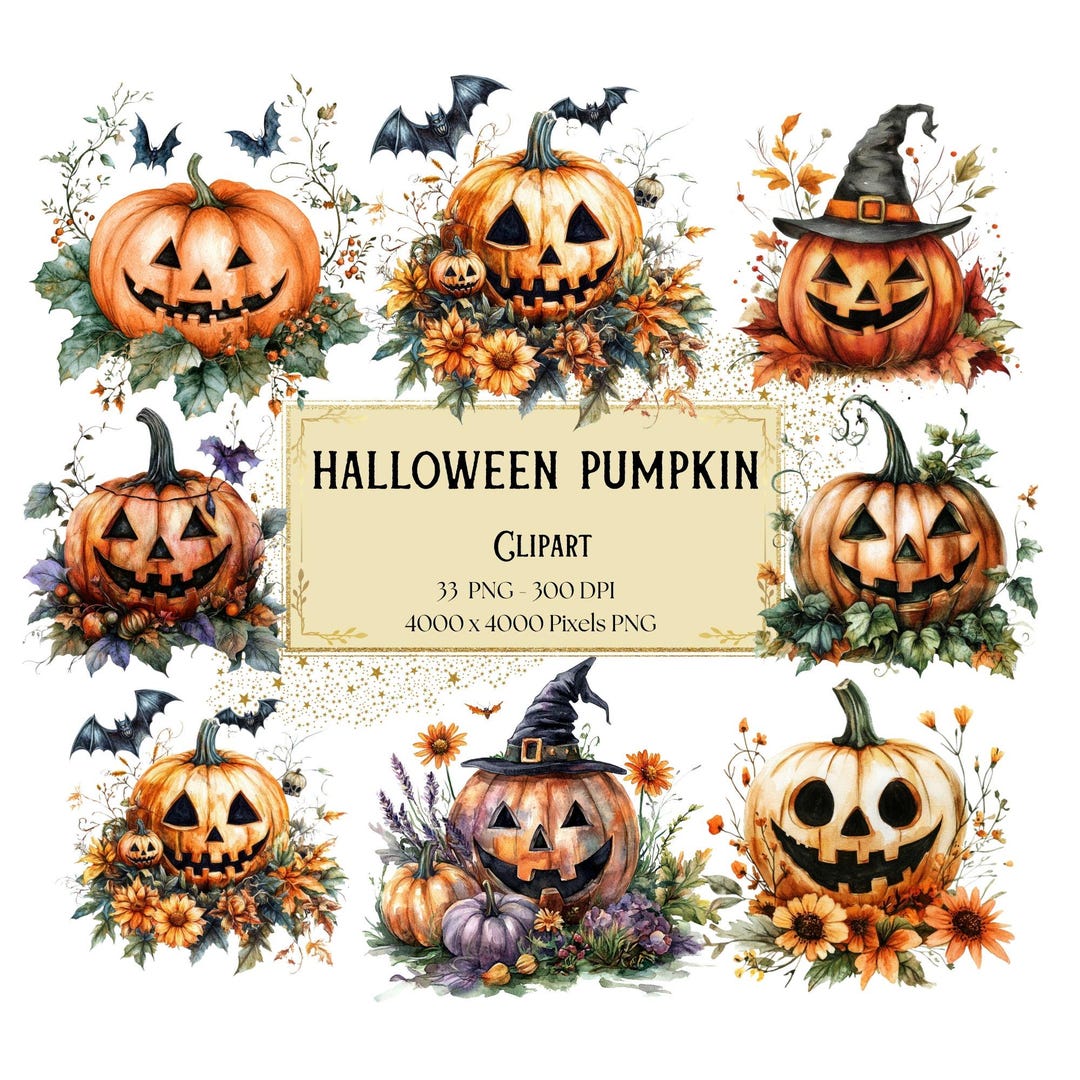 Fantasy Horror Pumpkin Sunflower Halloween Clipart, Whimsical Halloween ...