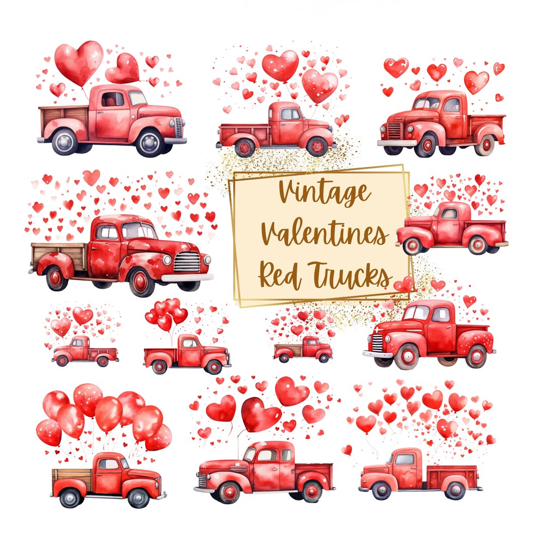 Vintage Valentines Red Truck Clipart, Vintage Valentines Hearts Truck ...