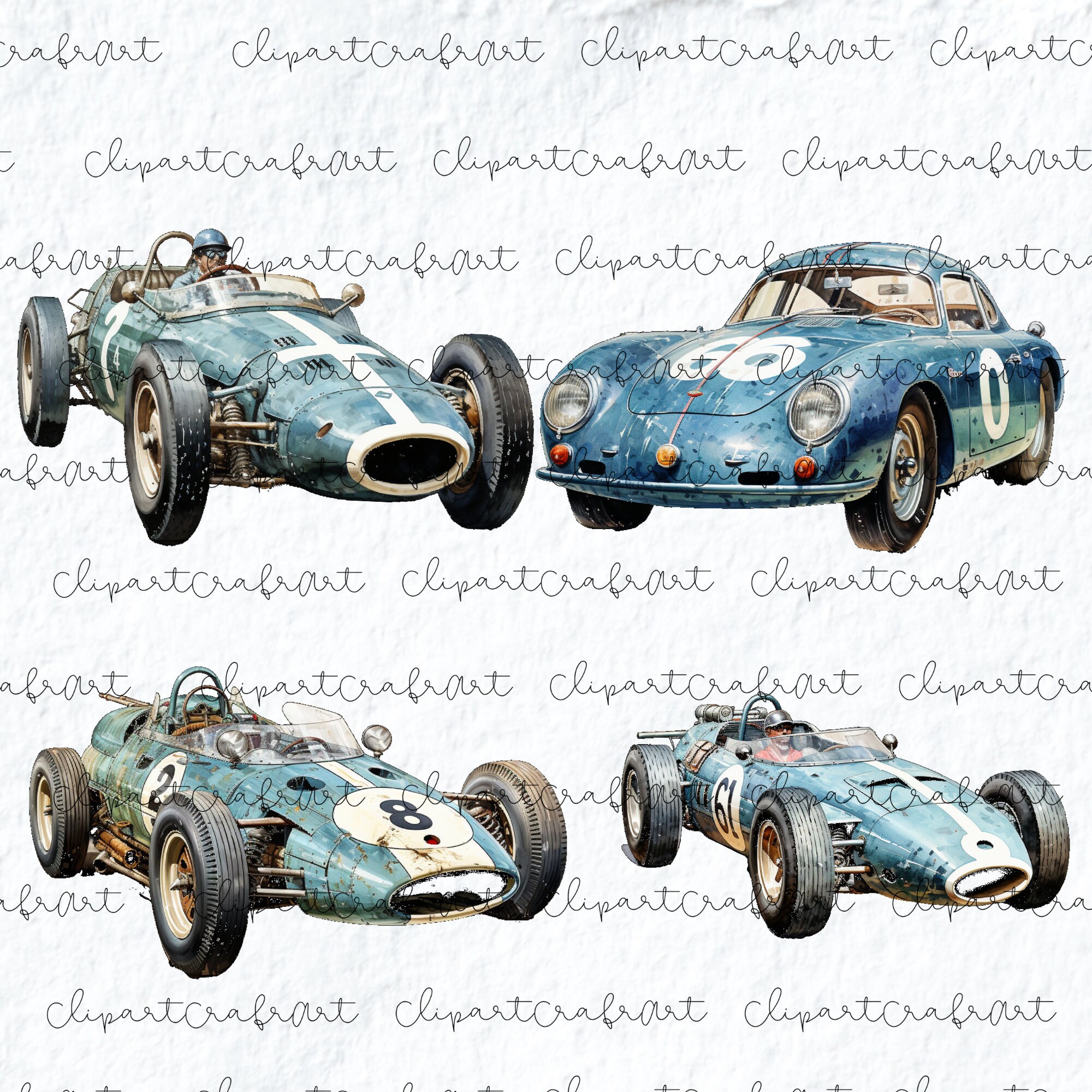 Vintage Blue Race Car Clipart, Classic Vintage Race Clipart, Racing ...
