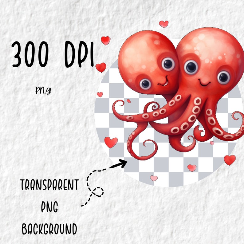 Watercolor Octopus Valentines Clipart, Sea Life PNG (digital Download ...