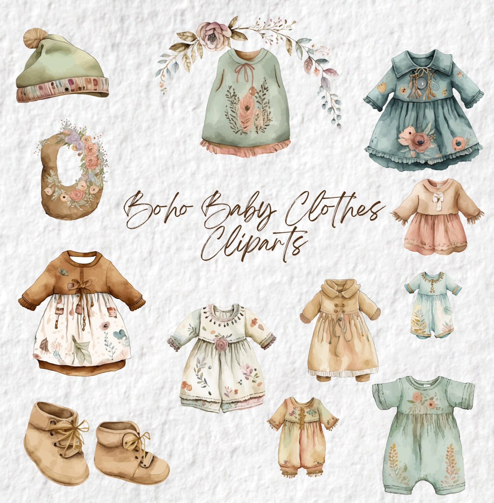 Boho Baby Clothes Watercolor Clipart, Baby Clothes Newborn Watercolor ...