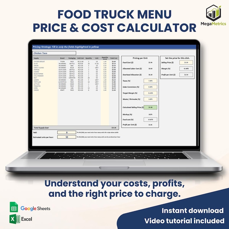 Food Truck Pricing Spreadsheet | Menu Cost & Profit Calculator | Food ...