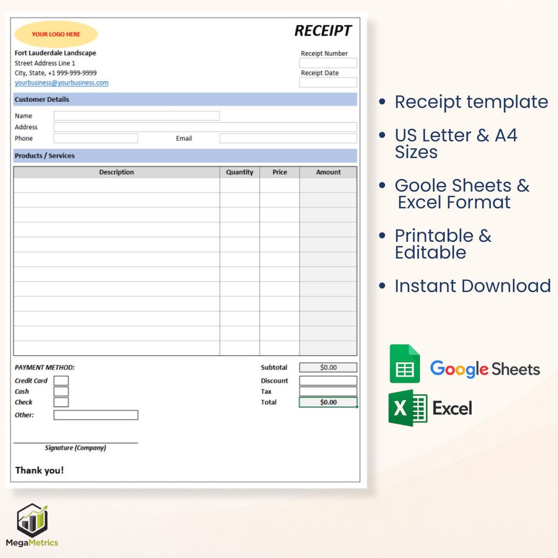 Construction Receipt Template, Contractor Receipt, Printable Editable ...