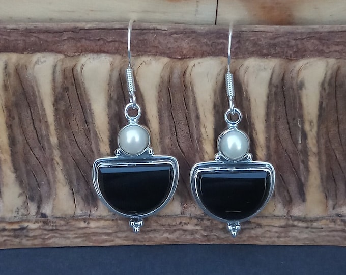 Vintage Onyx & Pearl Heavy Sterling Silver Drop Stud Earrings - Etsy