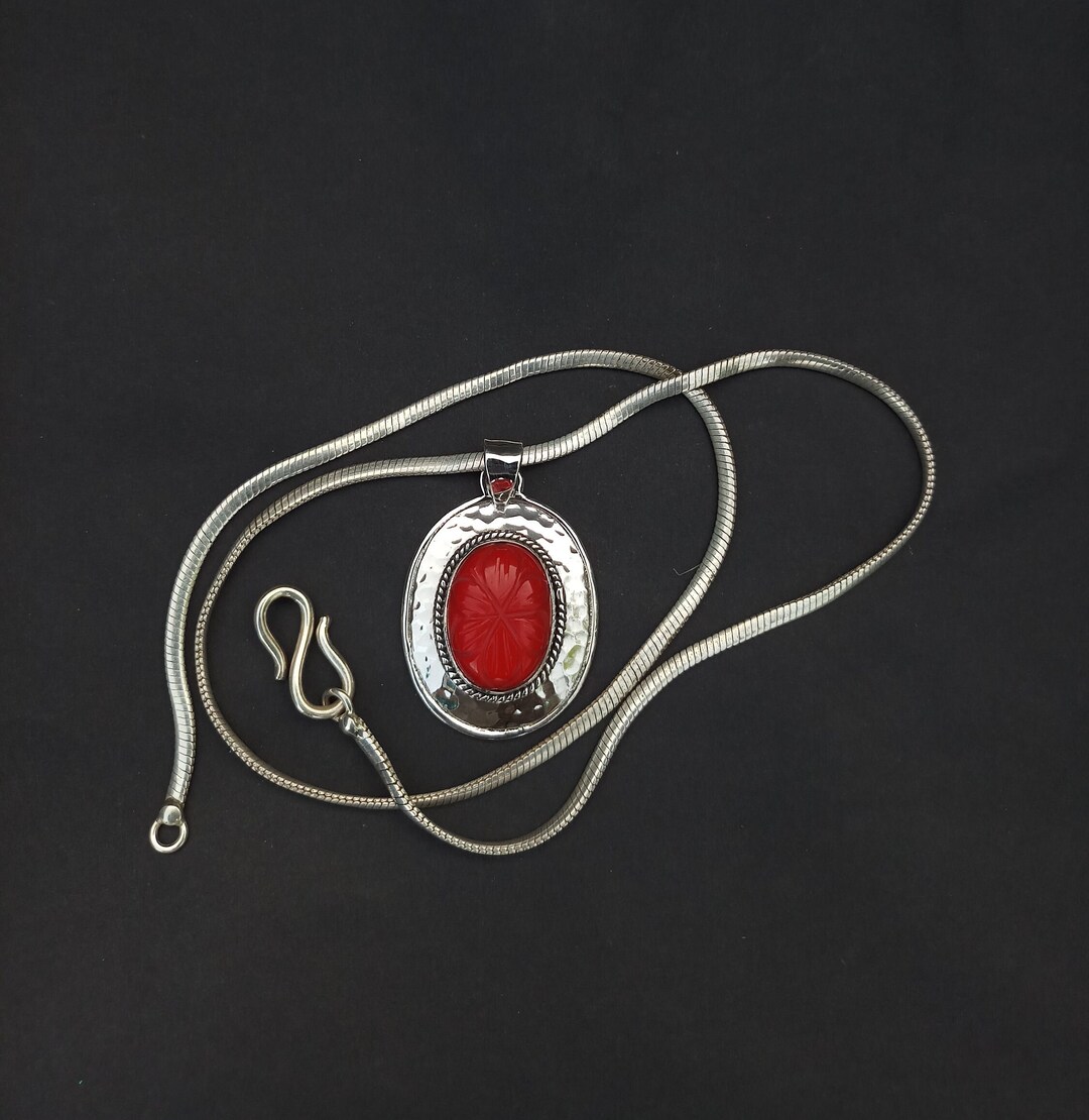 Handmade Oval Red Gemstone Pendant, 925 Sterling Silver Boho Necklace ...