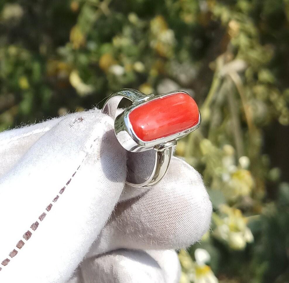 Natural Red Coral Ring: Sterling Silver Bezel Setting, Boho Charm - Etsy
