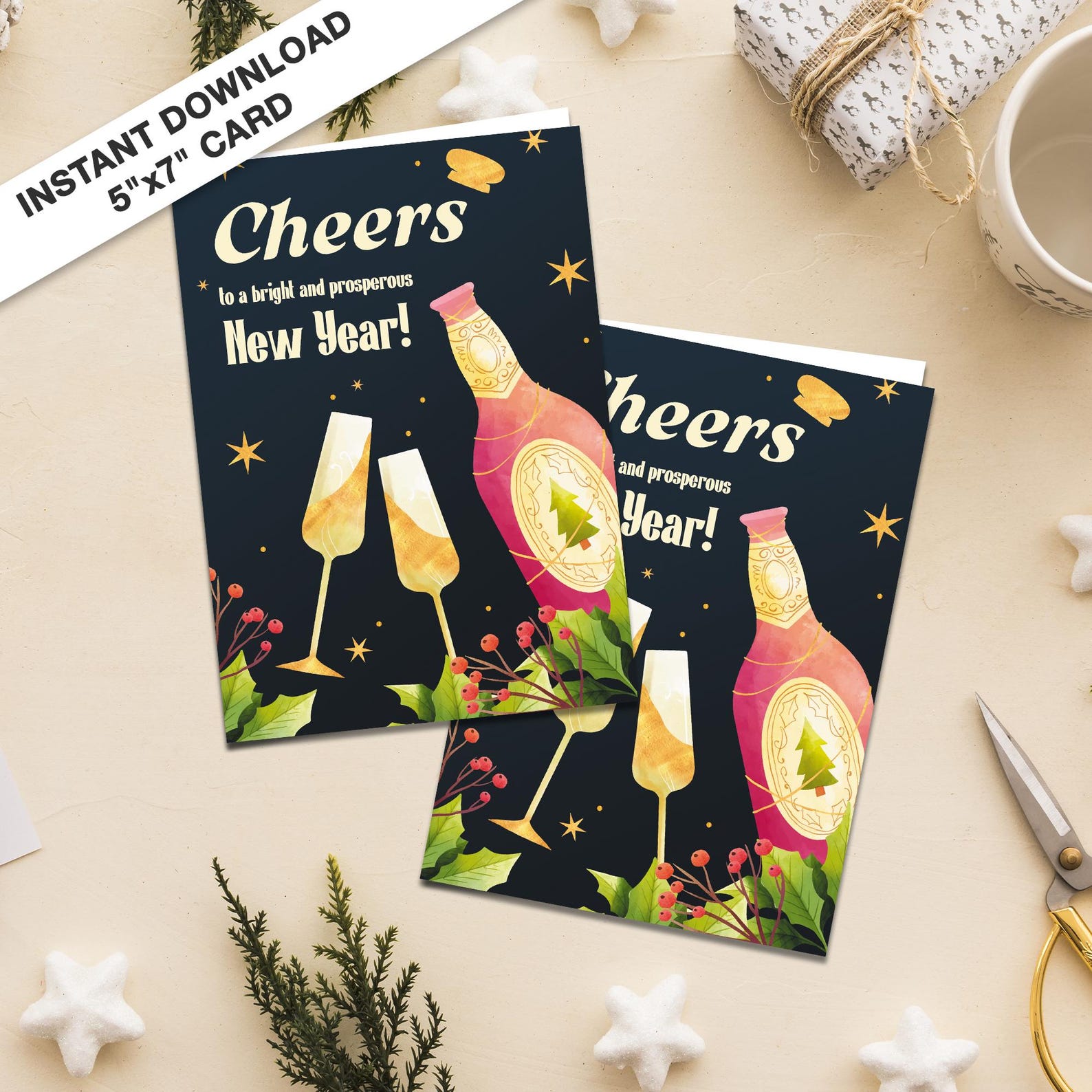 Cheers to New Year 2025 Card, Merry Christmas Card, Printable Greeting ...