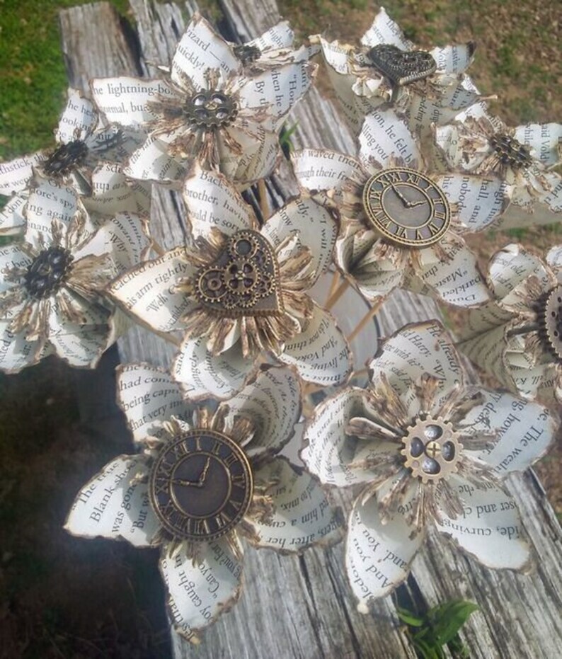 Singed/burned Edges Book Page Steampunk Flowers Choose 3, 6 or 12 ...