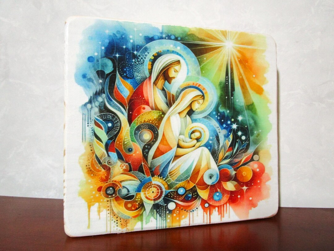 Abstract Watercolor Nativity Scene on Wood Block Shelf Sitter Mary and ...