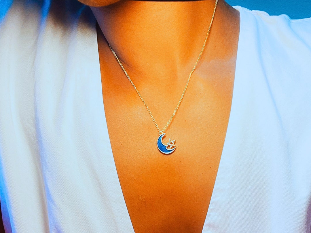 Blue Crescent Moon and Gold Star Necklace, Blue Moon and Star Necklace, Blue Moon and Gold Star ...