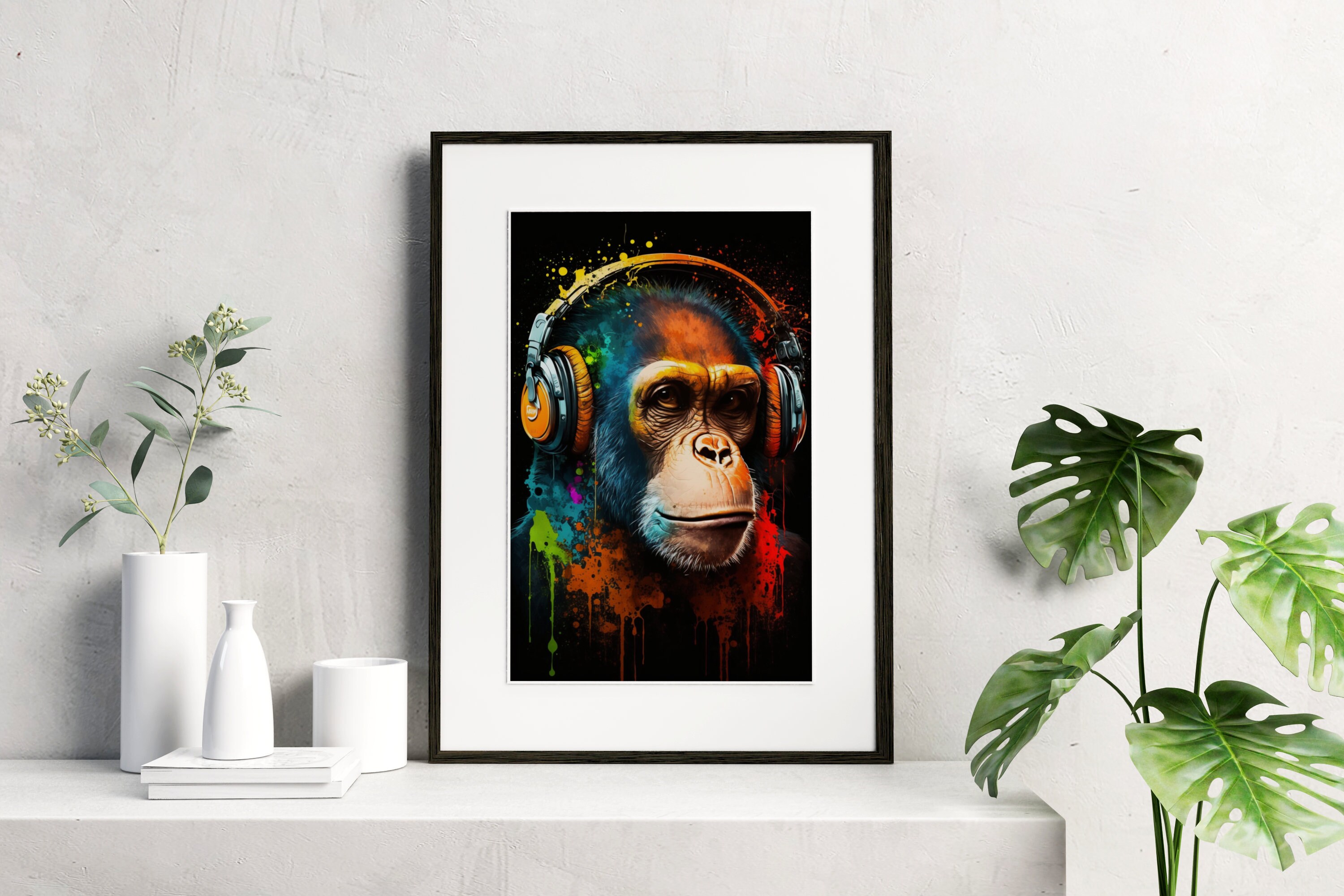 Colorsplash Monkey Digital Wall Art, Colorful Monkey Art, Headphone Art ...