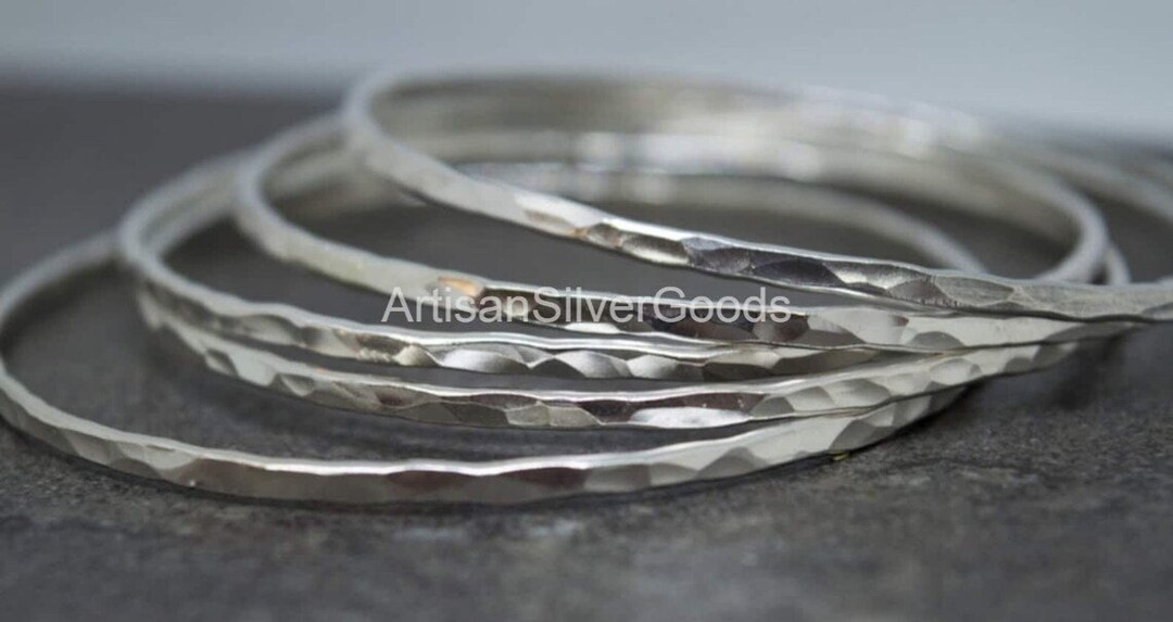 Hammered Sterling Silver Bangle Bracelets | Shimmery Solid Silver Stacking Bangles | Set of 7 ...