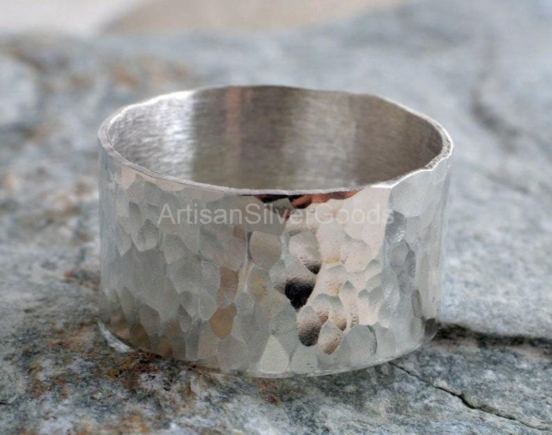 Sterling Silver Handmade 10mm Hammered Band Ring 925 Hammer Finish ...