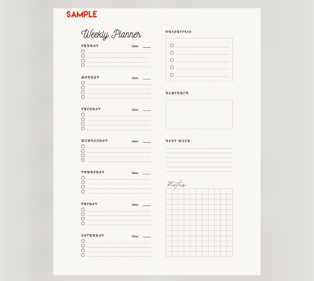 A4 Printable Weekly Planner Digital Print Downloadable - Etsy