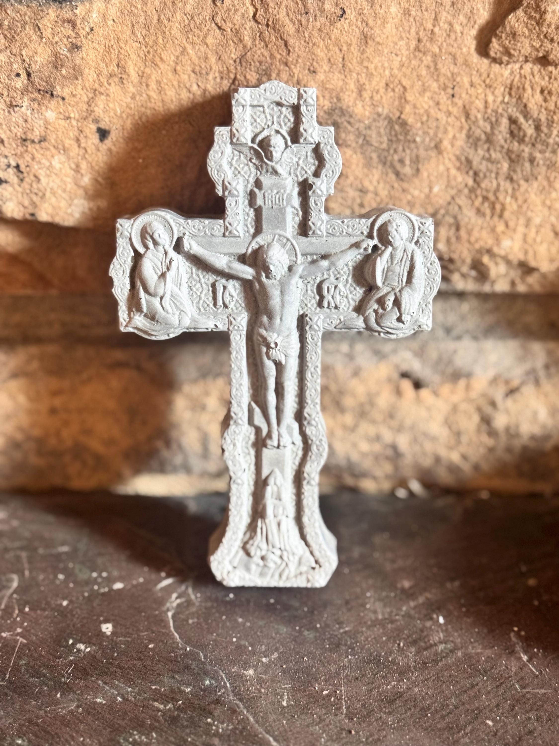 8” Ornate Cement Crucifix of Christ With Mary and John - Vintage ...