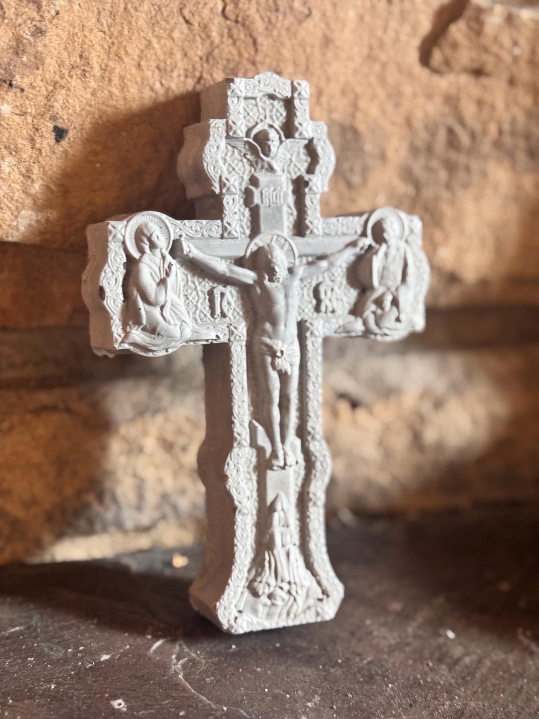 8” Ornate Cement Crucifix of Christ With Mary and John - Vintage ...