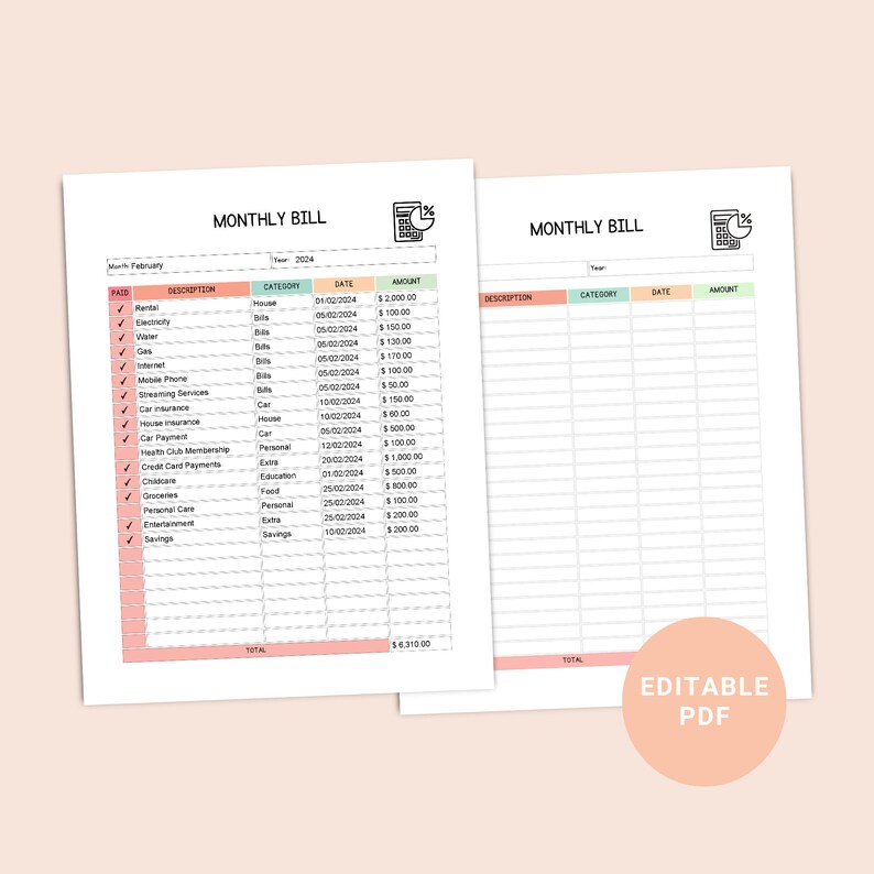 Editable Monthly Bill Tracker Printable, Finance Planner (PDF) - Etsy Canada