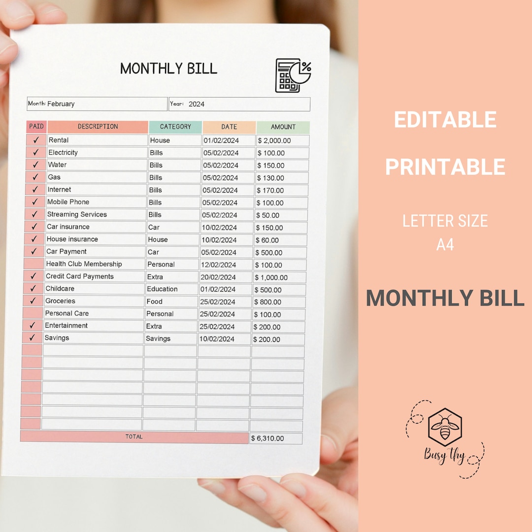 EDITABLE Monthly Bill Tracker Printable, Bill Payment Checklist, Bill ...